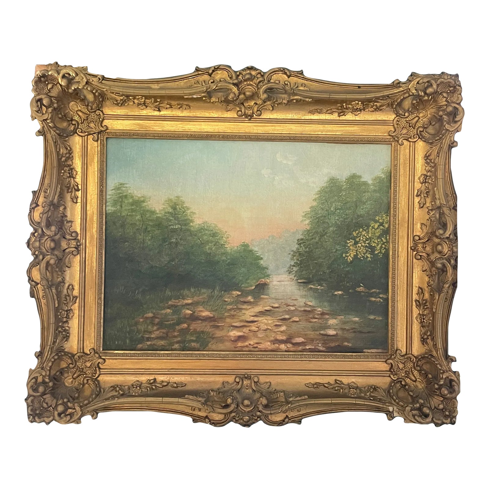 Antique Landscape Oil Painting in Gold Ornate Frame | Chairish