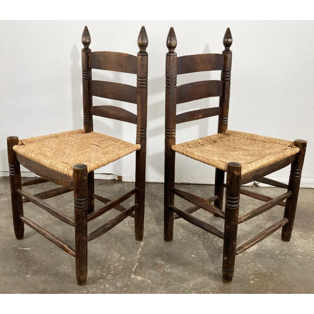 Vintage Primitive Turned Wood Ladderback Chairs With Woven Seats, a ...