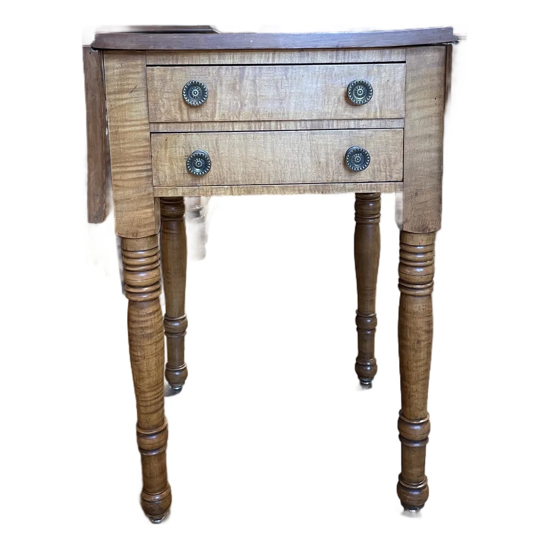 Antique Tiger Maple Drop‑Leaf Work Table, C. 1830 | Chairish
