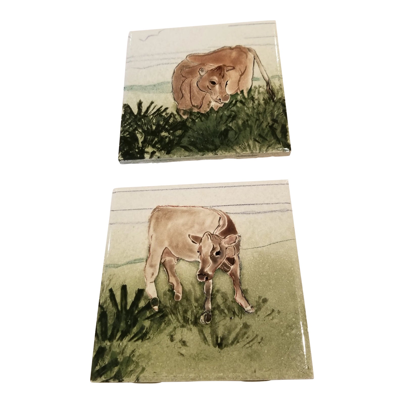 Two Hand Painted Ceramic Cow Tiles | Chairish