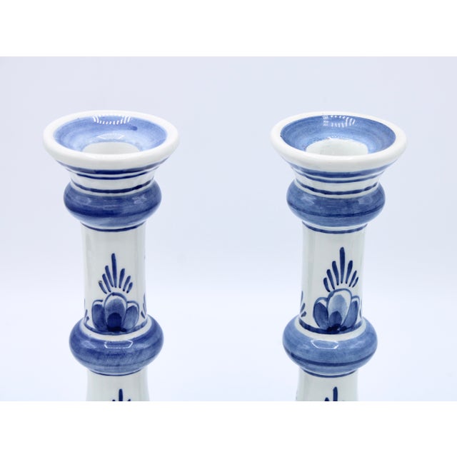 Vintage Blue and White Dutch Delft Ceramic Candlesticks | Chairish