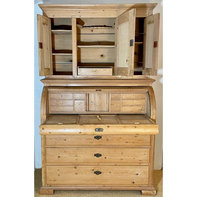 1888 Pine Highboy Storage Hutch With Roll Top Desk Secretary - | Chairish