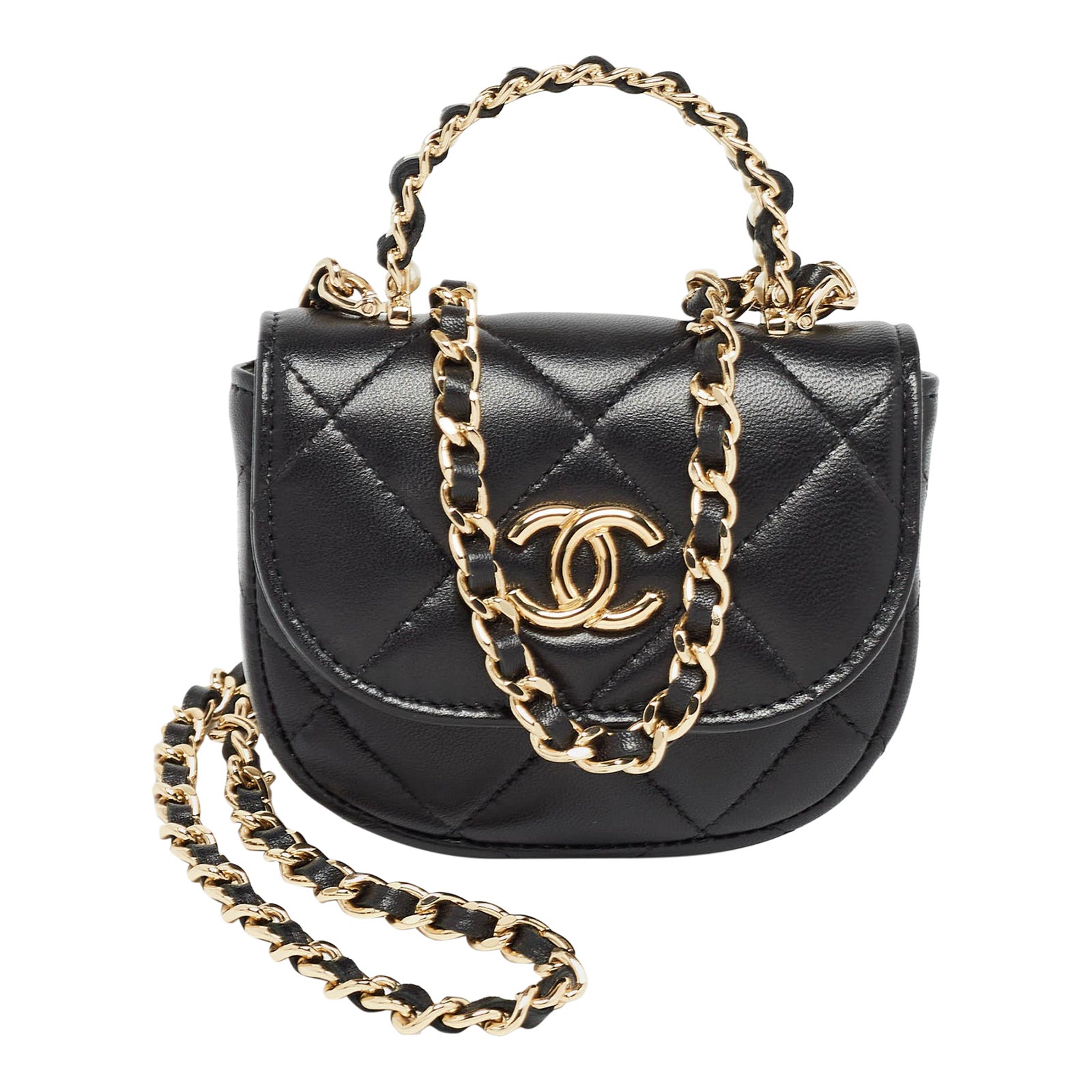 Chanel Black Quilted Leather Micro Cc Pearl Embellished Bag | Chairish
