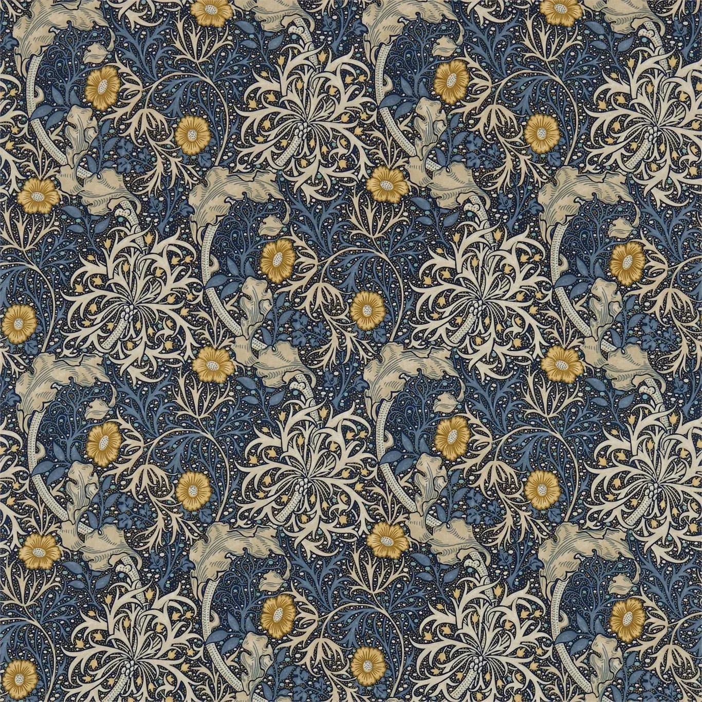 Morris & Co Morris Seaweed Fabric in Ink/Woad | Chairish