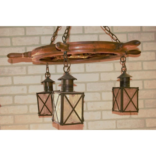 Nautical Style Ship Wheel With Three Hanging Lanterns Chandelier | Chairish