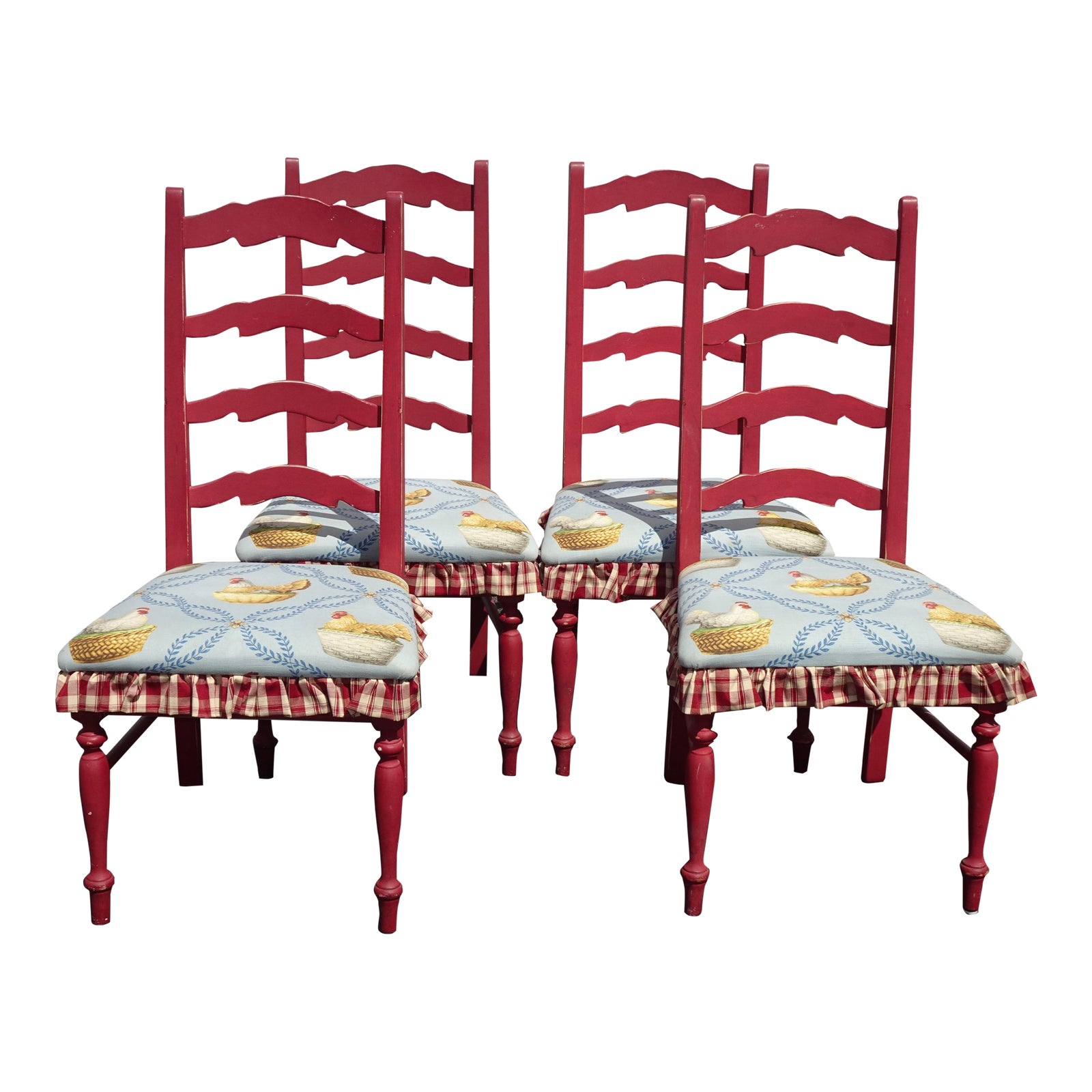 Set of Four Red French Country Ladderback Dining Chairs W Hen Fabric ...