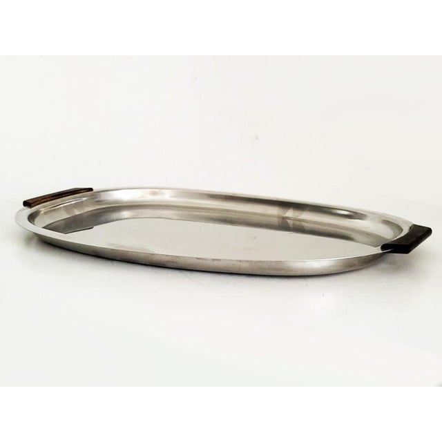 Mid Century Modern Stainless Steel Tray With Rosewood Handles | Chairish