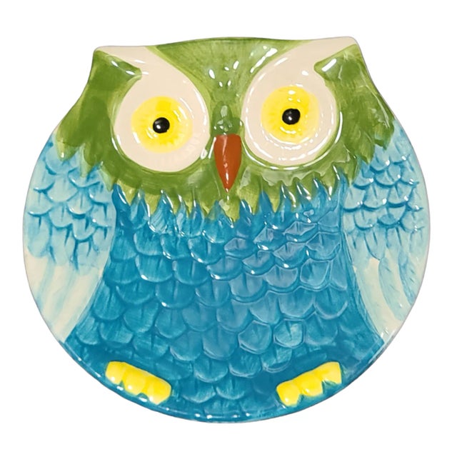 Vintage Majolica Hand Painted Colorful Wise Owl Dish #2 | Chairish