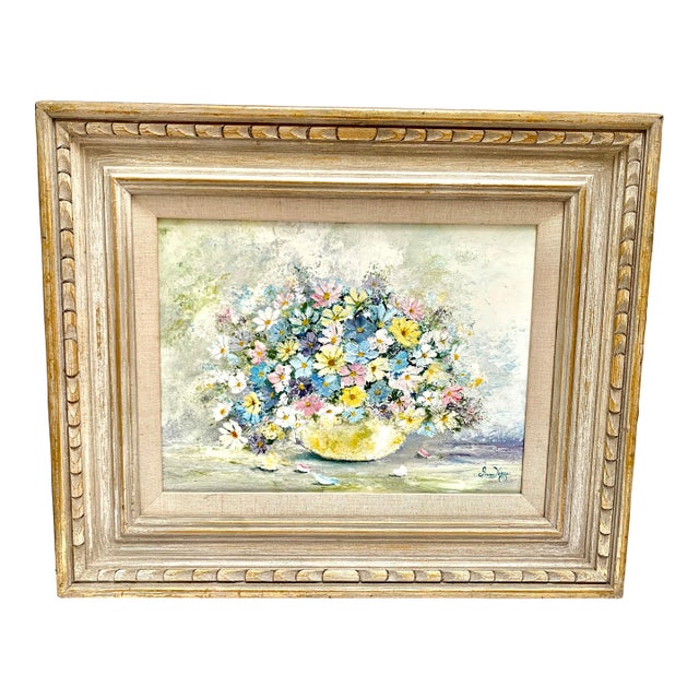 Vintage Daisy Bouquet Framed Original Oil Painting | Chairish