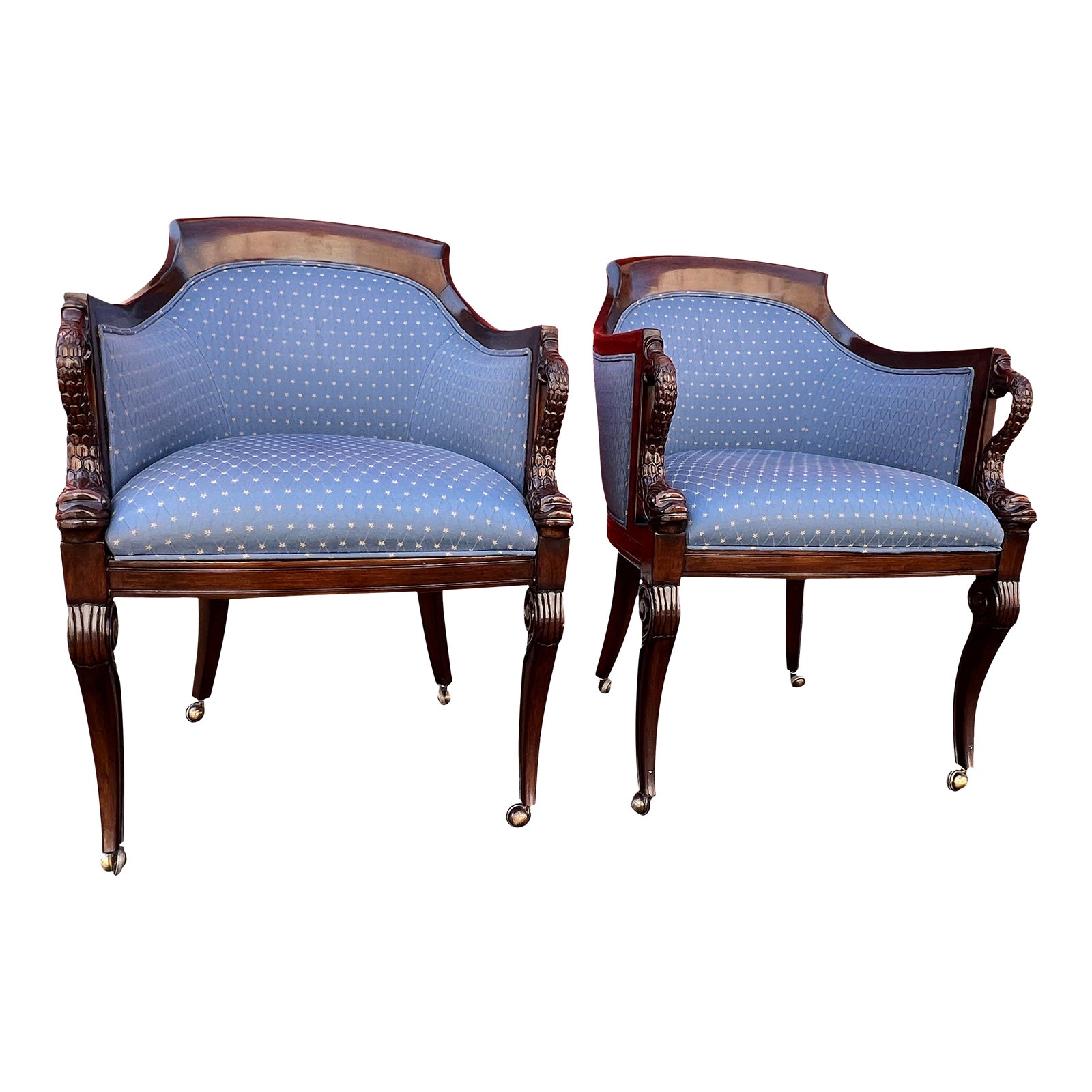 Figural Carved Dolphin Arm Club Barrel Chairs a Pair | Chairish