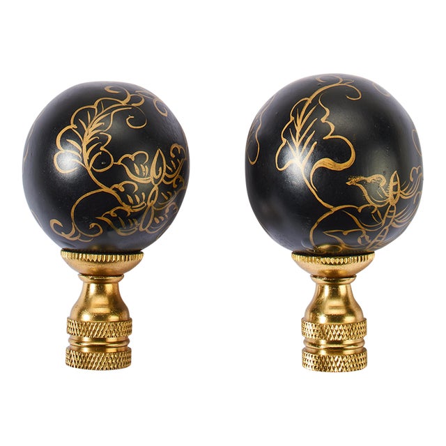 Pair of Mid 20th Century Hand Painted Ebony and Gold Lamp Finials ...