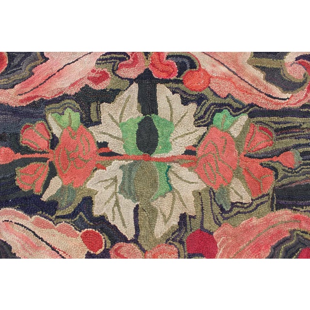 Charcoal, Red, and Green Antique American Hooked Rug With Large Flower ...