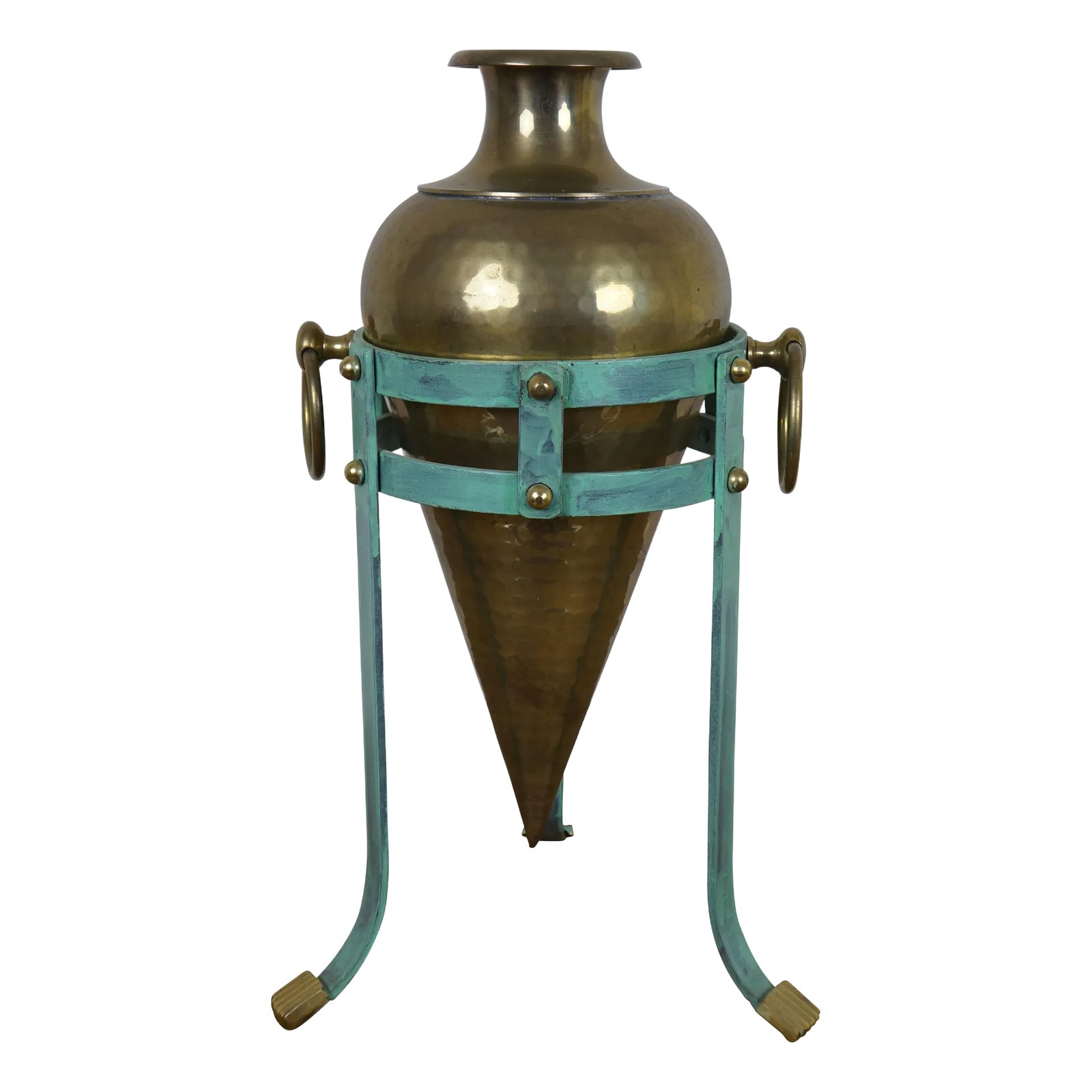 Late 20th Century Hammered Brass Amphora Vase & Three Leg Verdigris ...