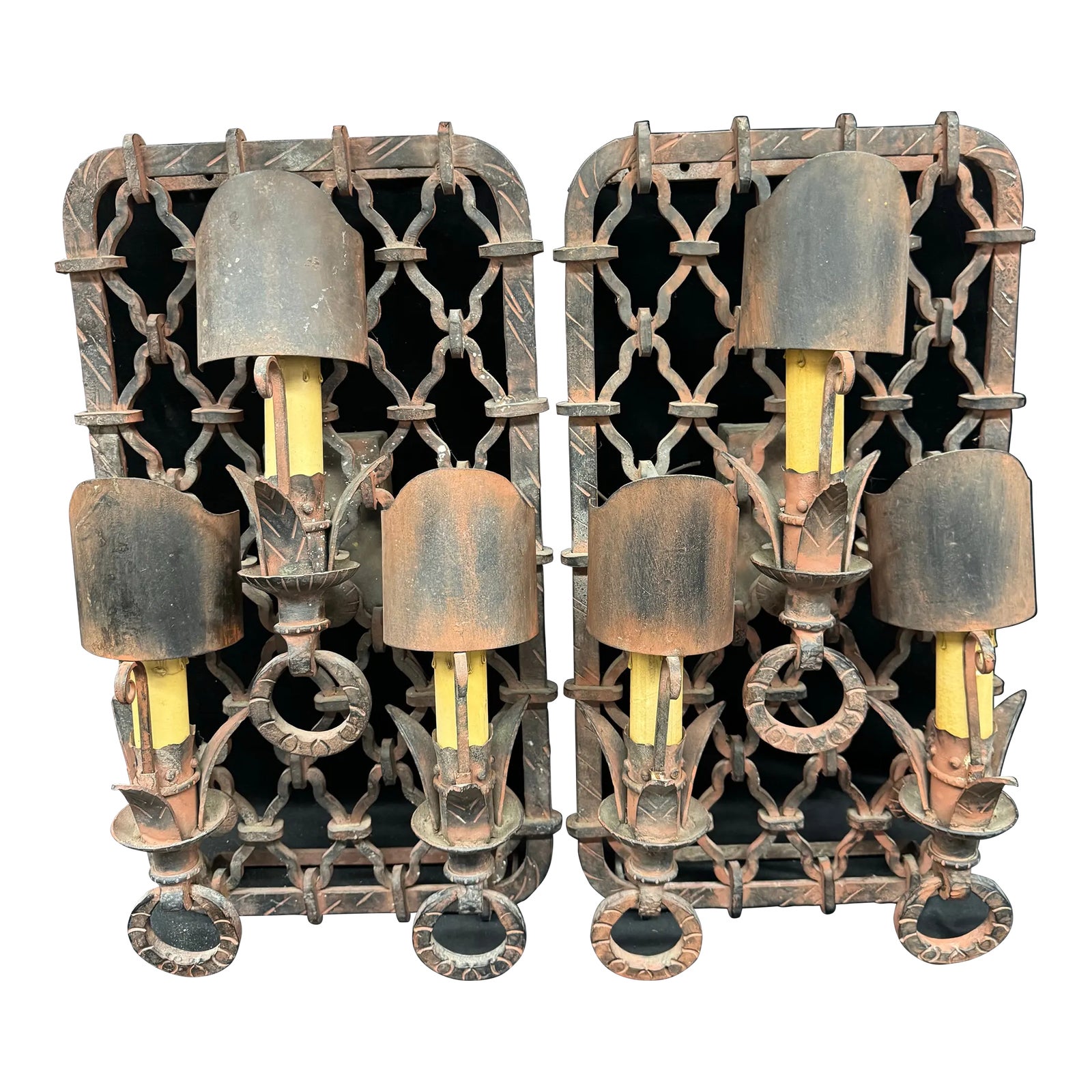 Vintage Reproduction Spanish Revival Iron Sconces with Banded Lattice ...