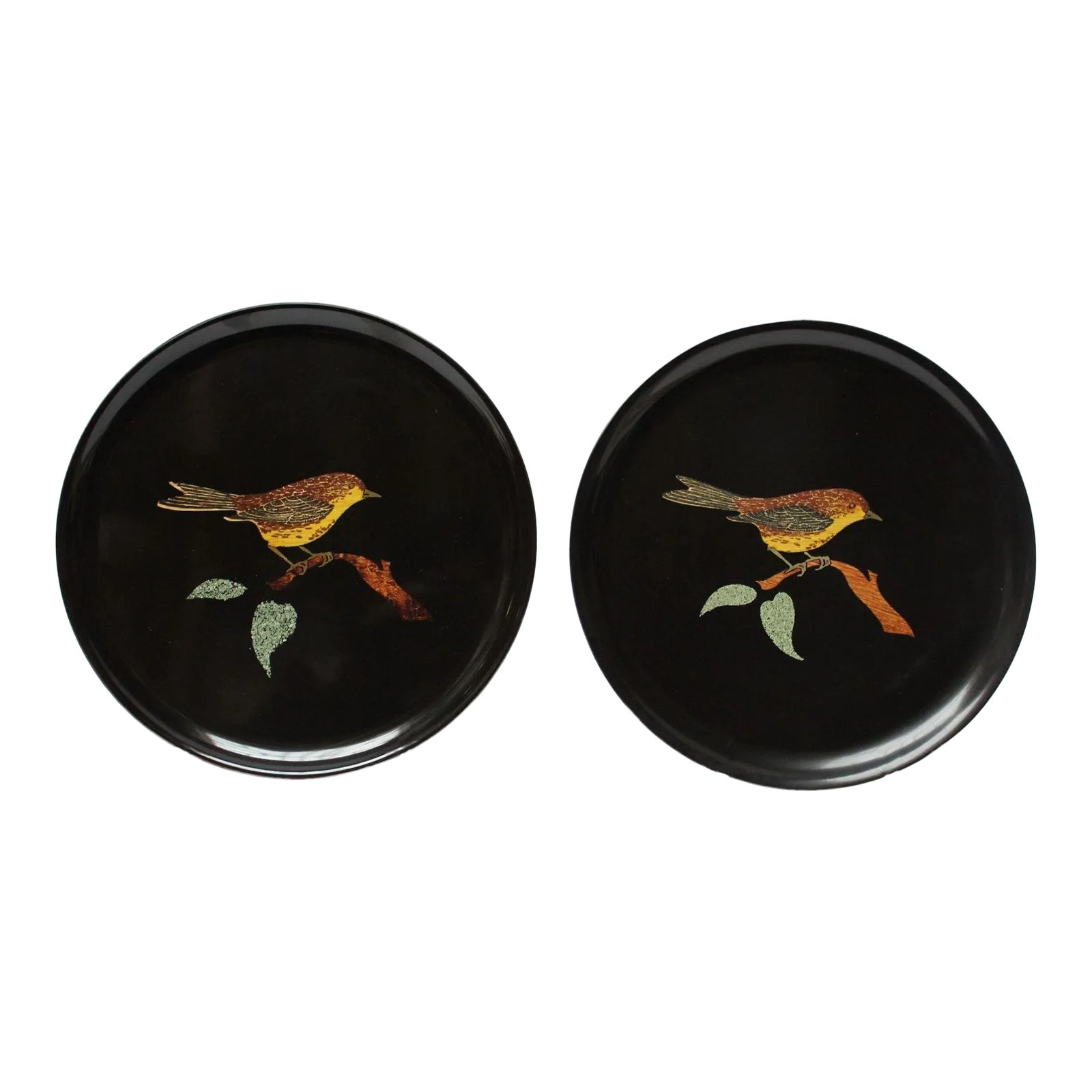 Pair of Mid-Century Black Resin Inlaid "Bird" Plates by Couroc | Chairish