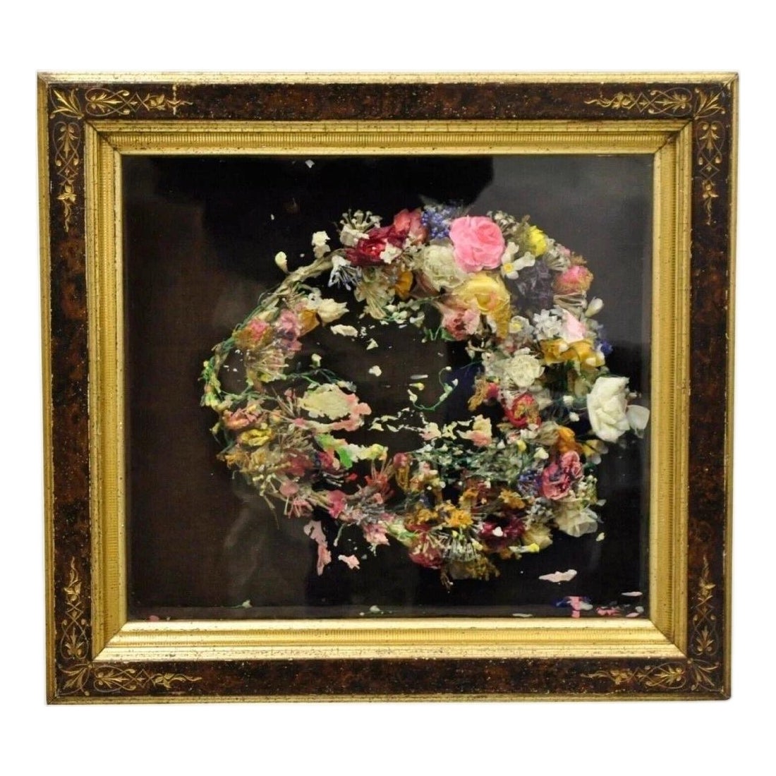 Antique Victorian Wax Flower Floral Mourning Wreath Shadow Box Wall ...