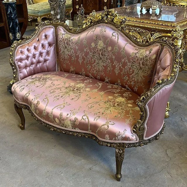 Italian Rococo Style Pink Tufted Sofa With Gold Details | Chairish
