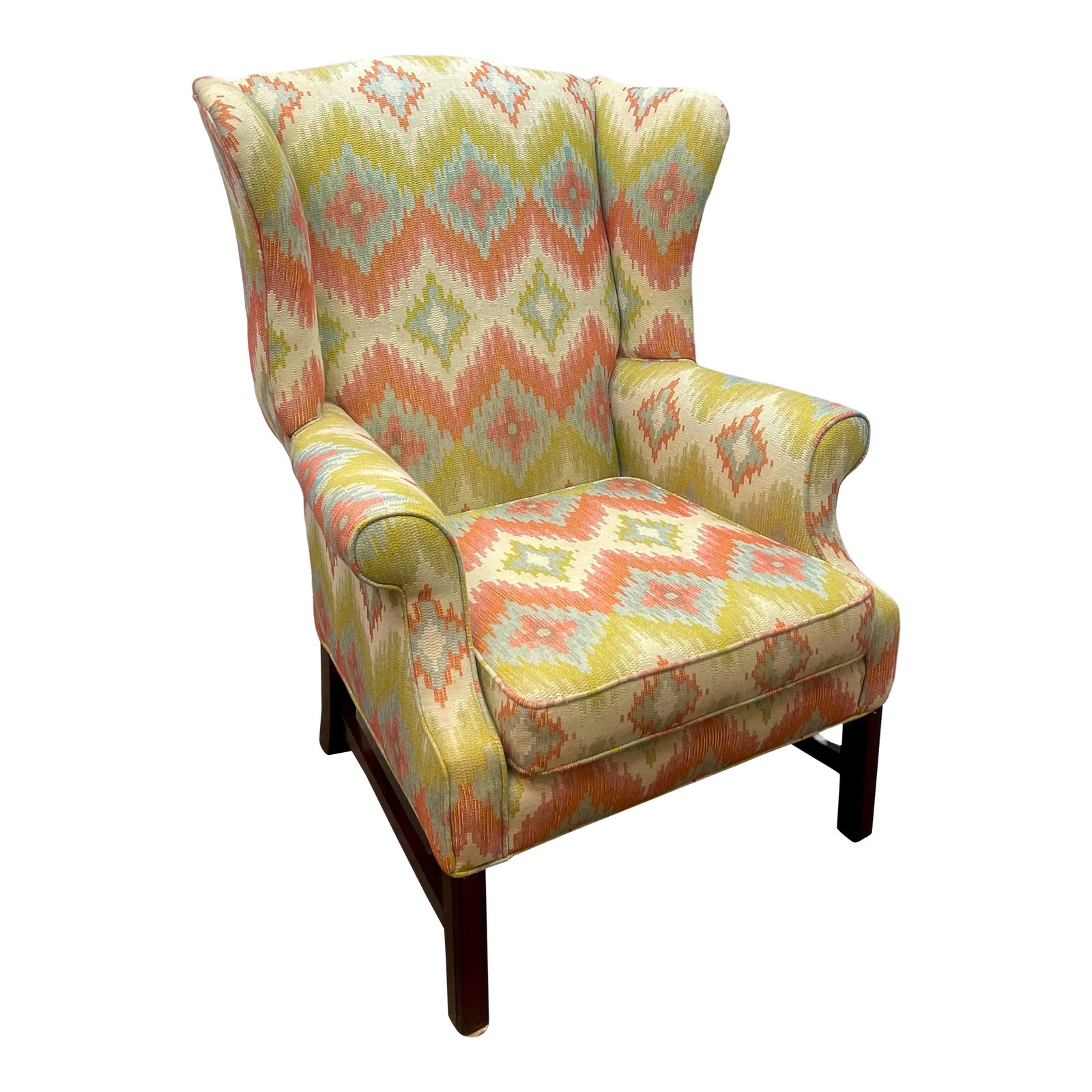 Vintage Southwestern Style Ikat Print Wingback Accent Chair | Chairish