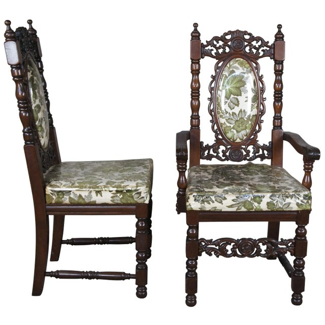 Set of 8 Vintage 20th Century Charles II Carolean Style Carved Oak ...