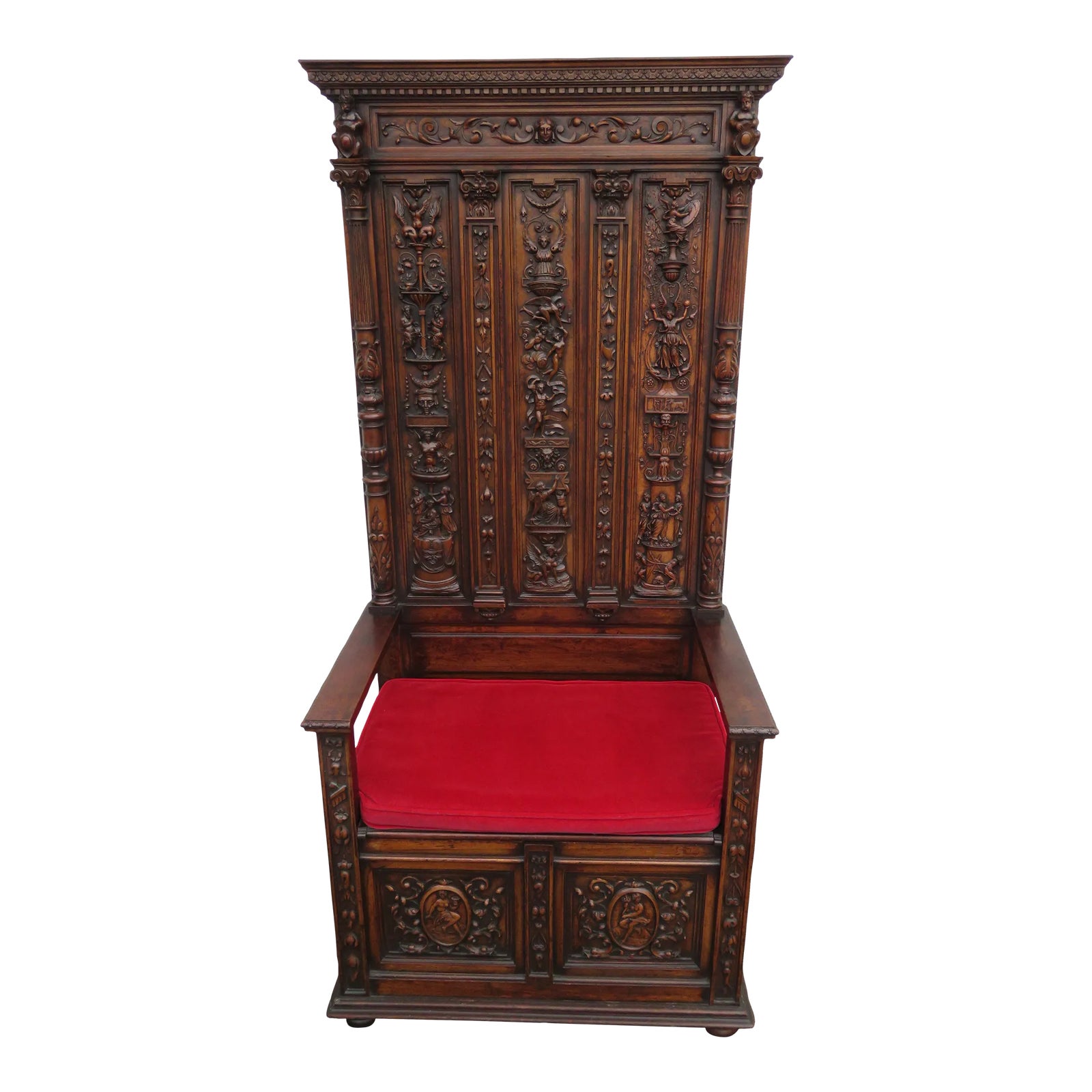Late 1800s Gothic Heavy Hand Carved Throne Chair Hall Seat Bench | Chairish