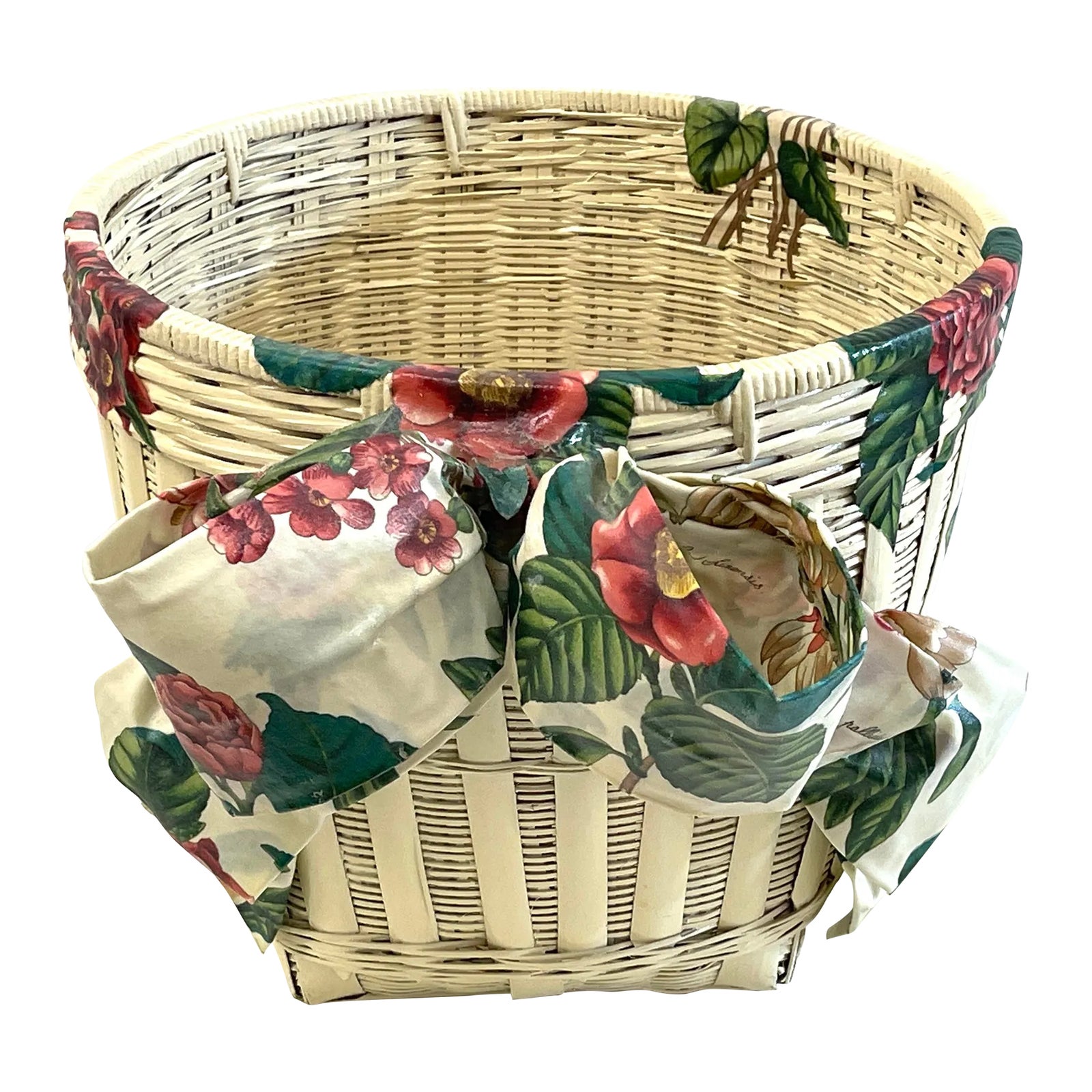 French Painted Floral Decoupage Basket Planter | Chairish