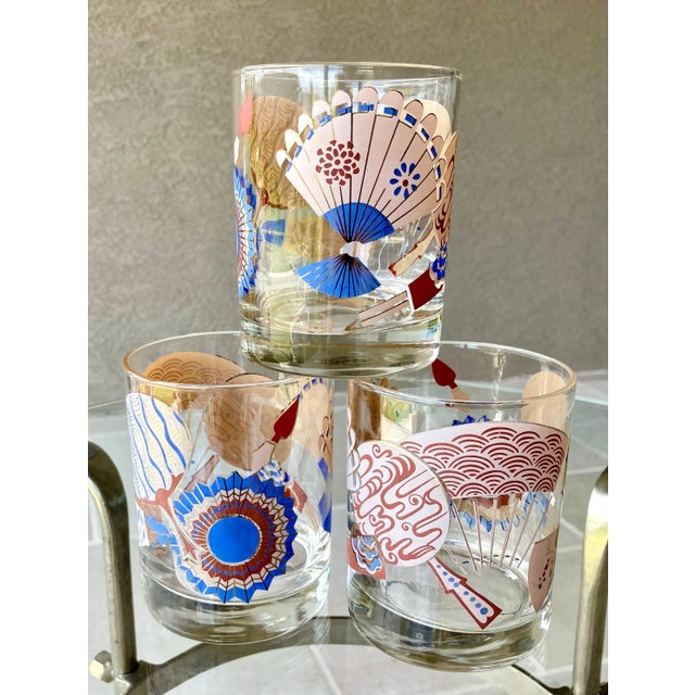 Mid 20th-Century “Japanese Fans & Combs” Motif Lowball Glasses ...
