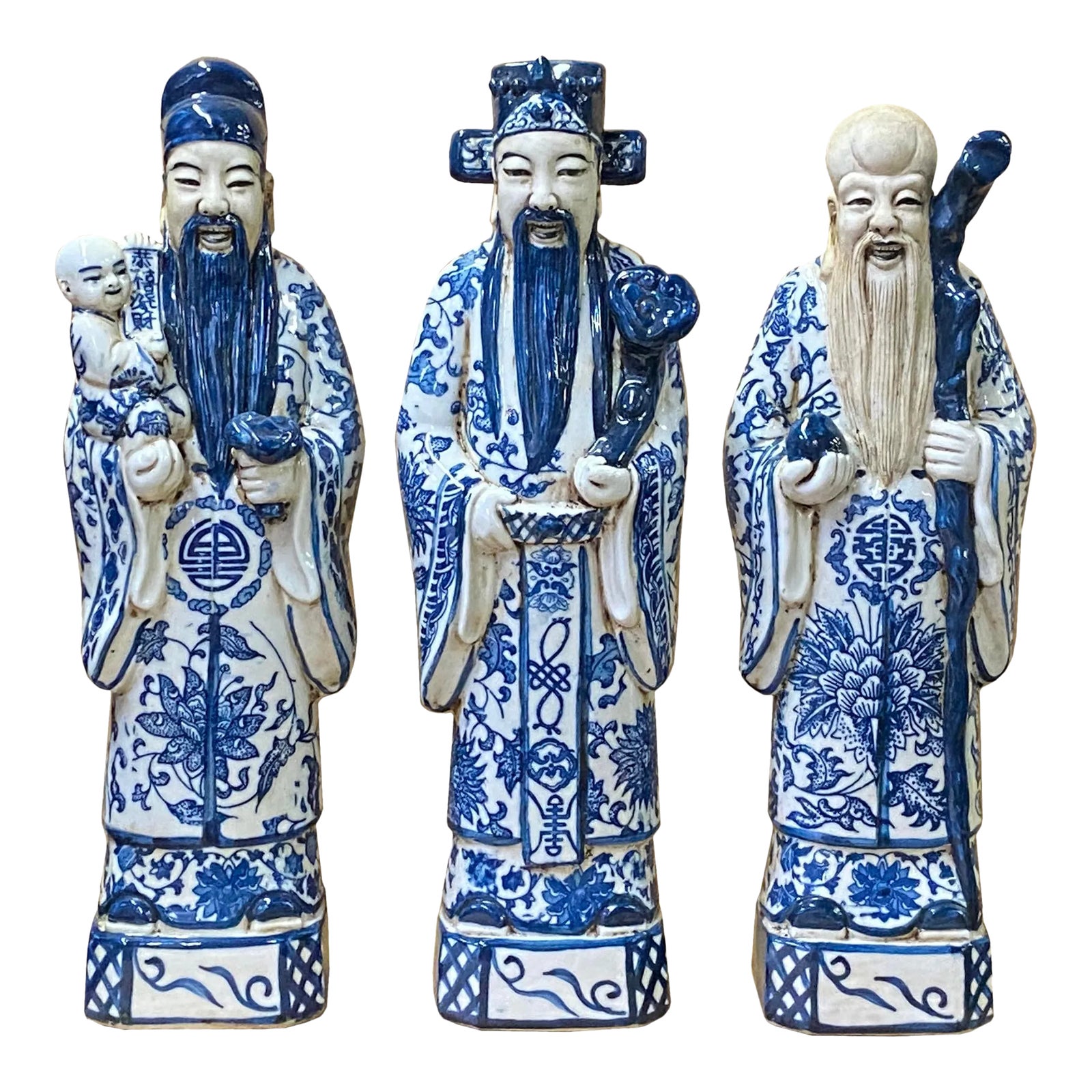 Chinese Distressed Blue White Color Fengshui Fok Lok Shao Figure Set ...