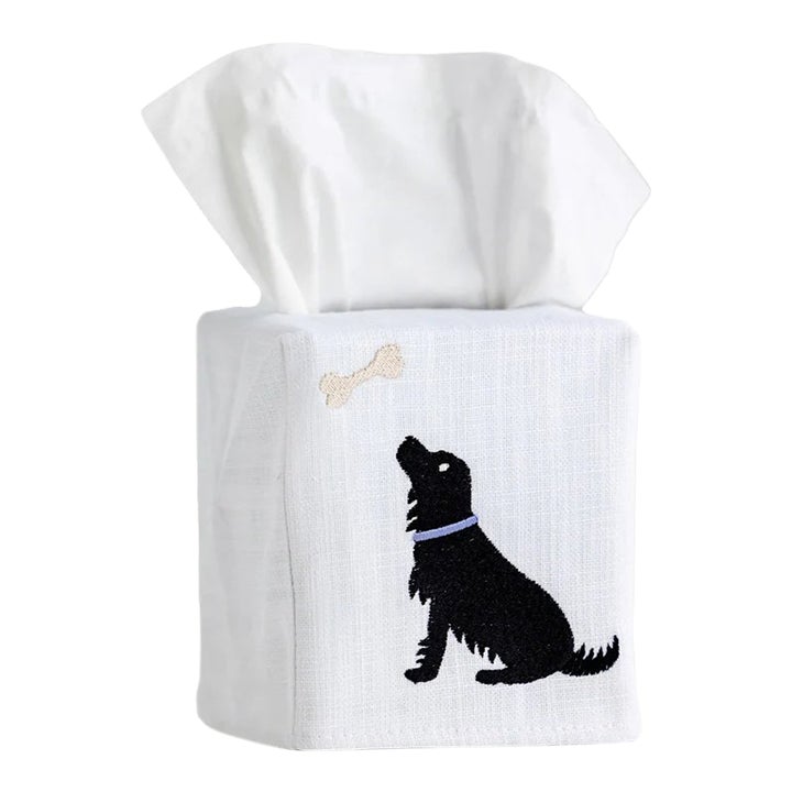 Black Dog & Bone Tissue Box Cover in White Linen & Cotton, Embroidered ...