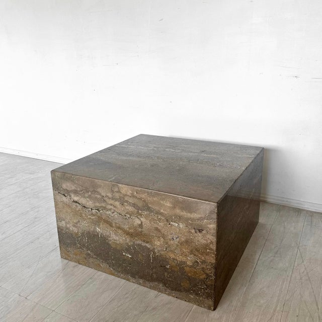 1970s Vintage Italian Walnut Travertine Block Coffee Table | Chairish