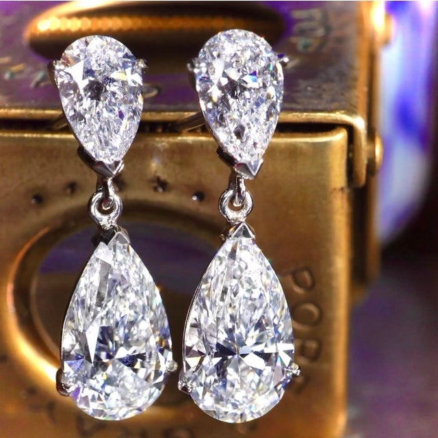 4.00ct Dangling Pear Shaped Diamond Platinum Earrings | Chairish