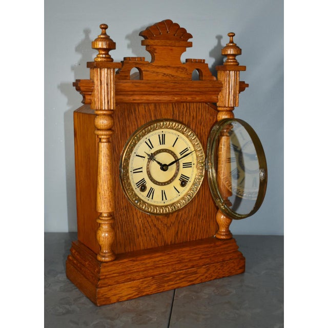 Antique Oak Victorian Style Carved Mantel Clock W/Pendulum | Chairish