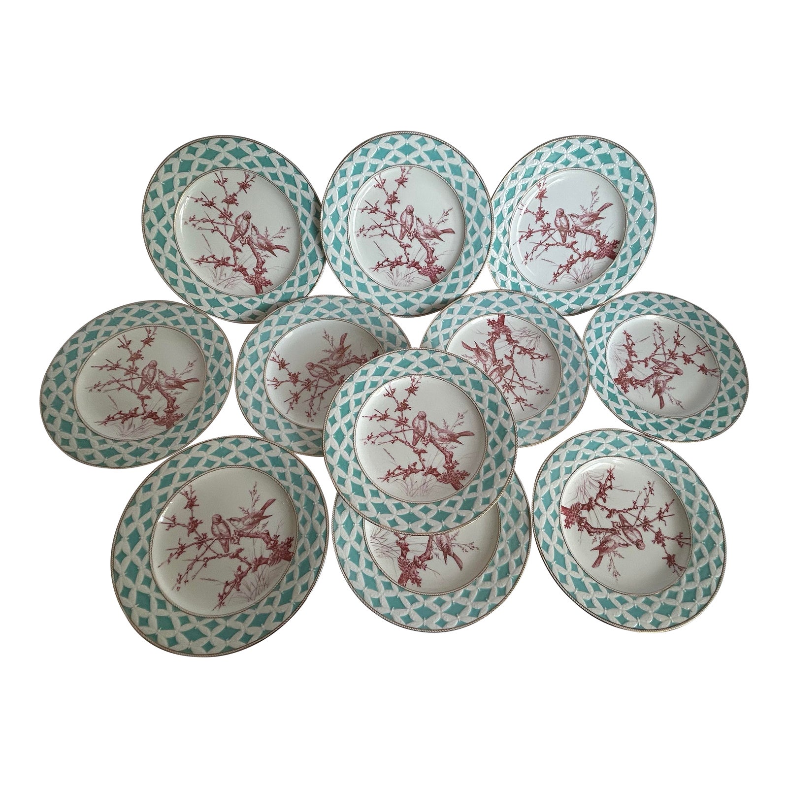 Set of 11 Antique Bodley Porcelain Plate Turquoise Lattice Birds & Gilt ...