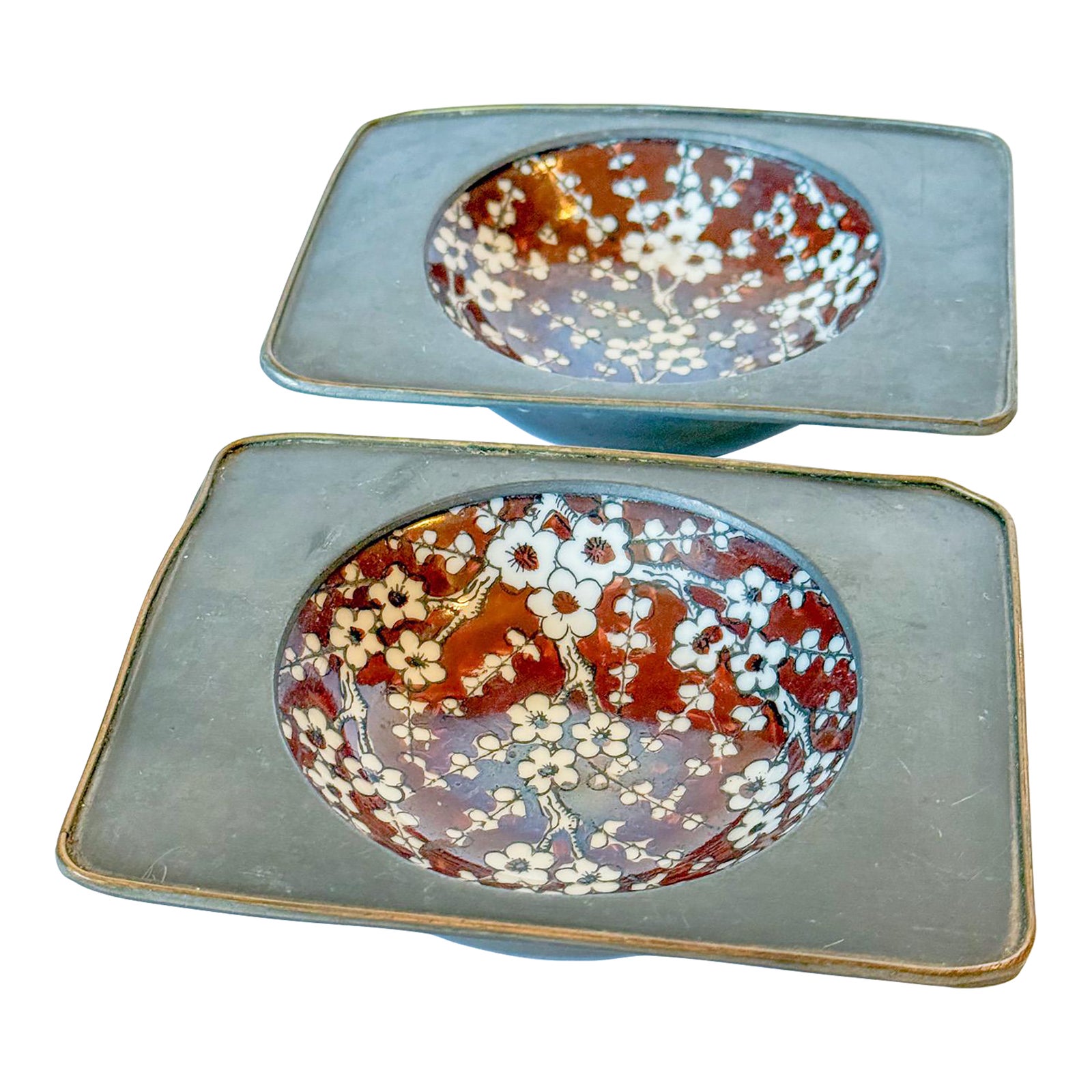 Vintage Pewter Encased Brown Flower Chinoiserie Catchall Dishes, a Pair ...