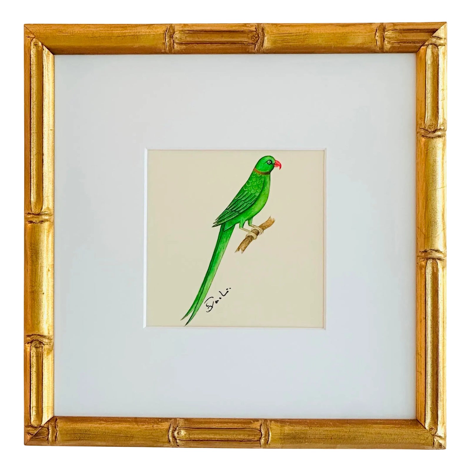 Hand-Painted Parrot Painting in Faux Bamboo Frame | Chairish