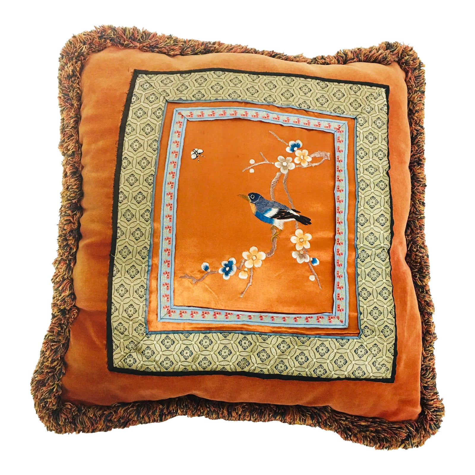 Vintage Bird Embroidered Chinese Silk Pillow | Chairish