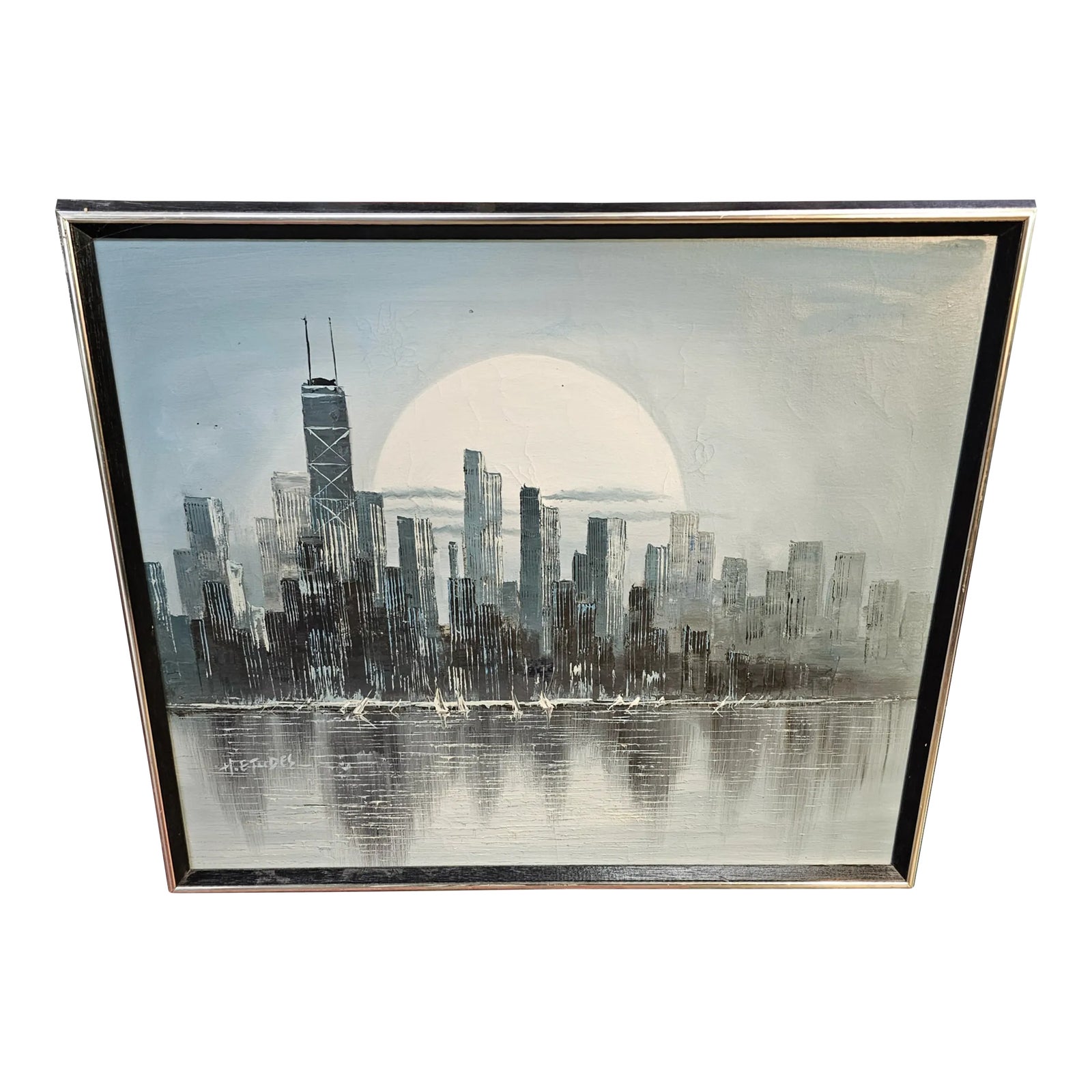 Postmodern 80s Blue Tone Chicago Lakefront Cityscape Oil on Canvas ...