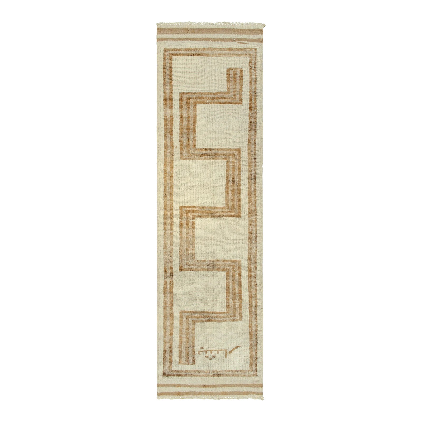 Vintage Tribal Runner in White & Beige-Brown Geometric Pattern | Chairish