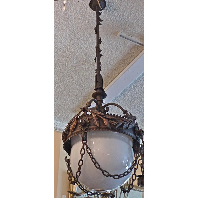 Spanish 1930's Mounted Decorative Cast Iron Lantern With Milk Glass ...