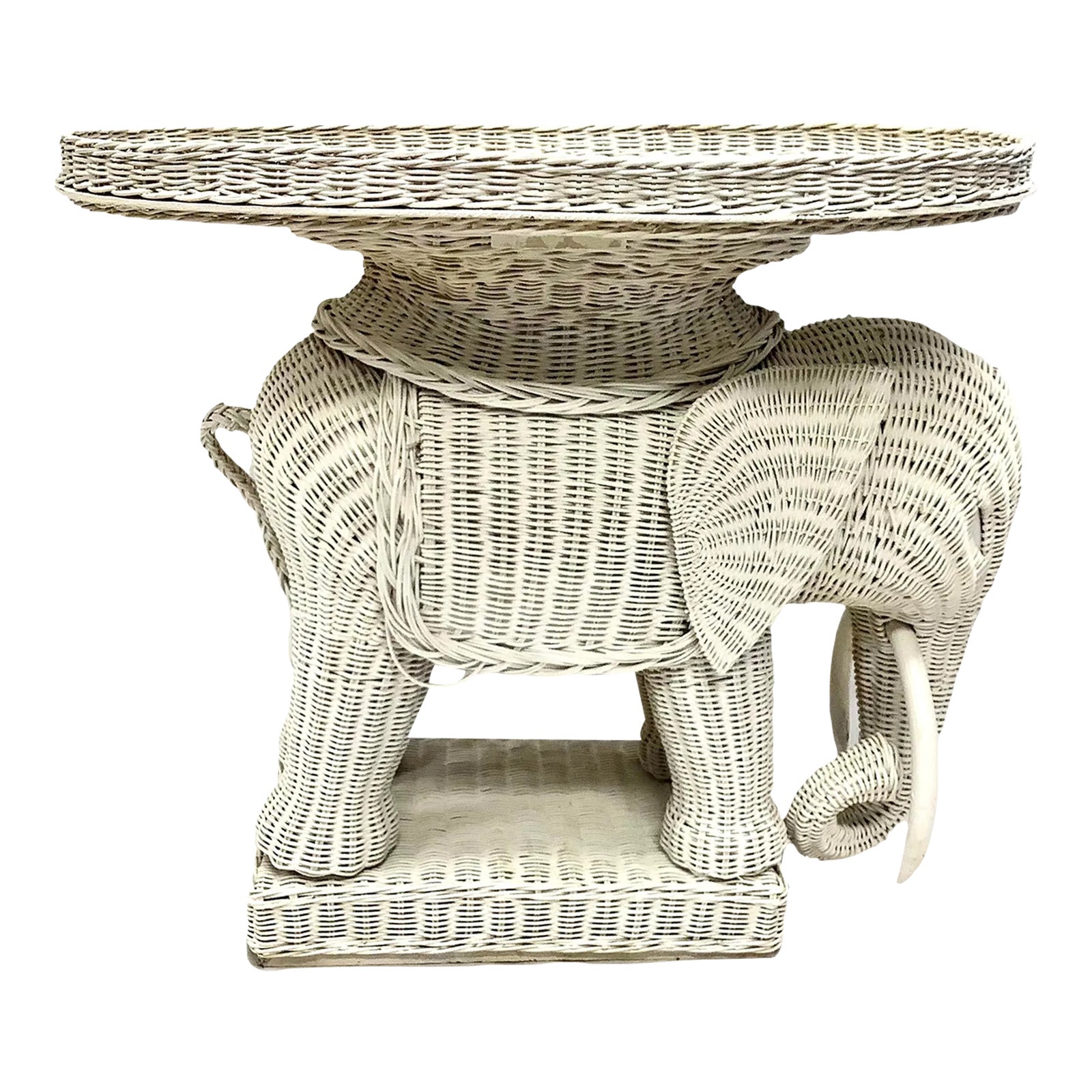 Vintage Wicker Elephant Side Table With Detachable Tray | Chairish