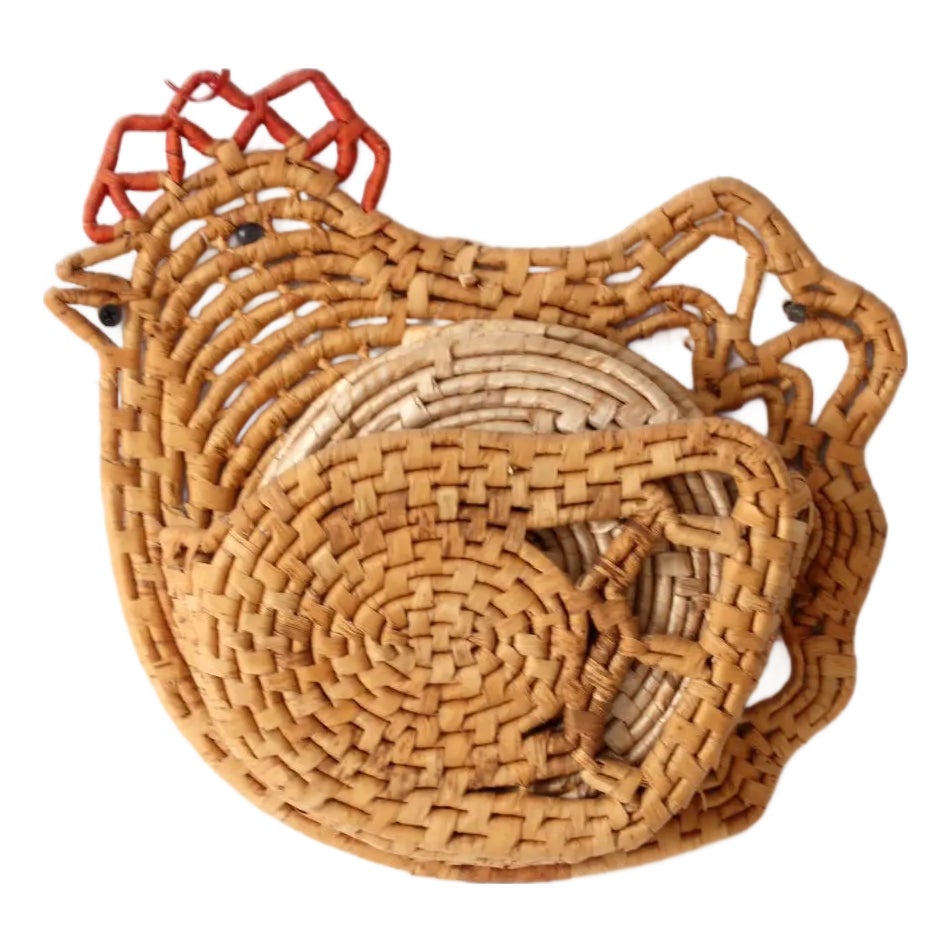 Vintage Trivet Set With Rooster Caddy | Chairish