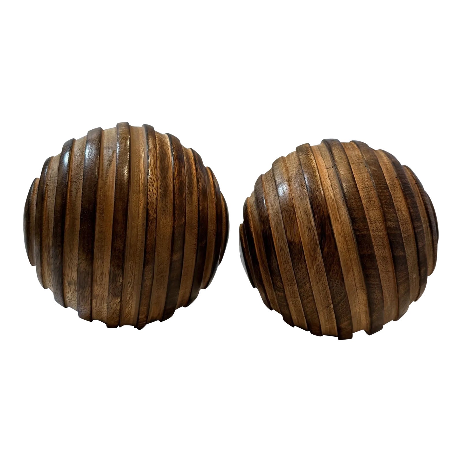 2000s Decorative Solid Wood Spheres with Wide Ribbed Pattern- a Pair ...