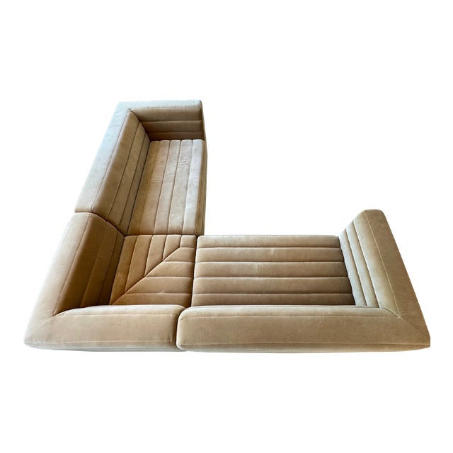 Crate & Barrel Strato Camel Velvet Three-Piece Sectional Sofa | Chairish