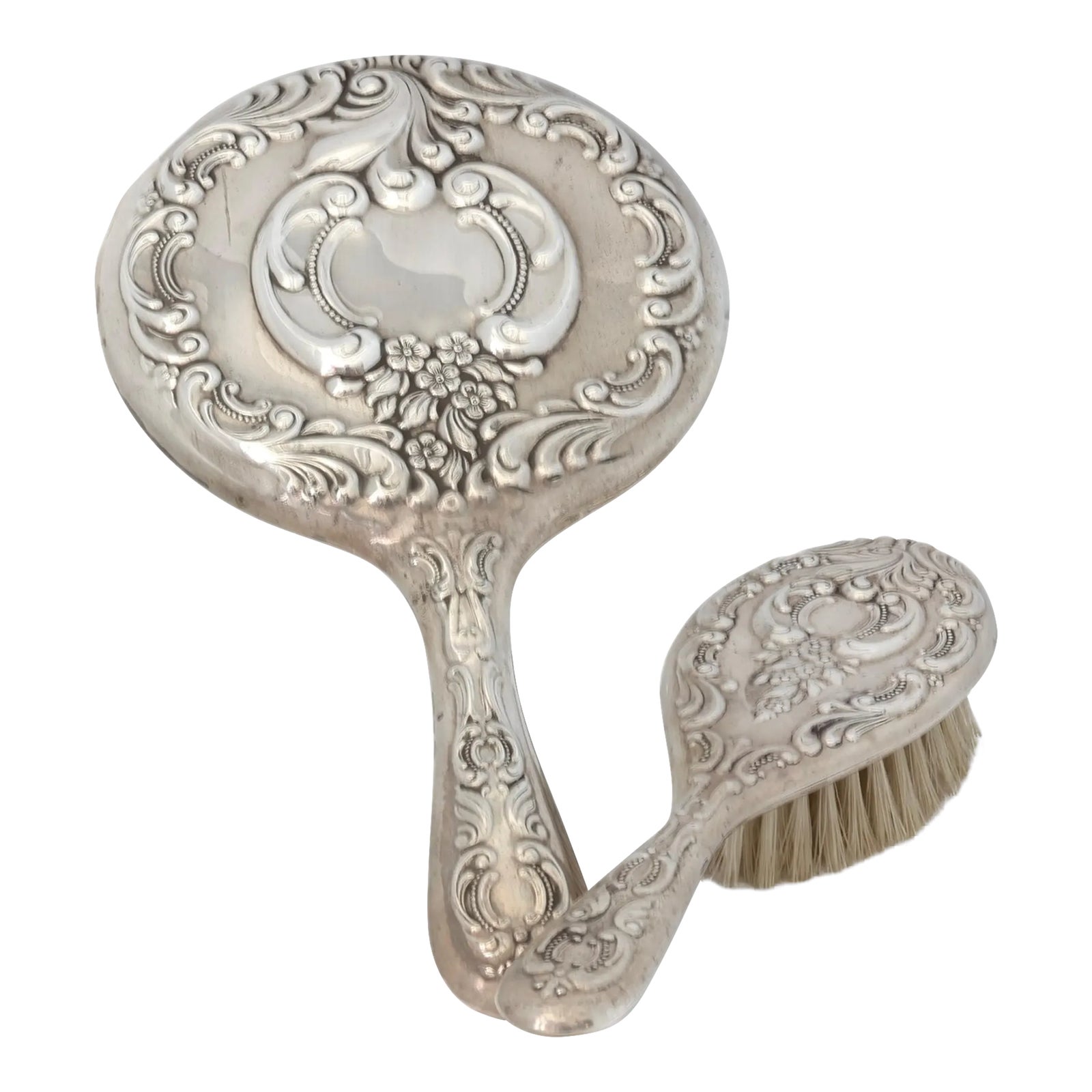 Sterling Silver Vanity Set With Hand Mirror & Brush | Chairish