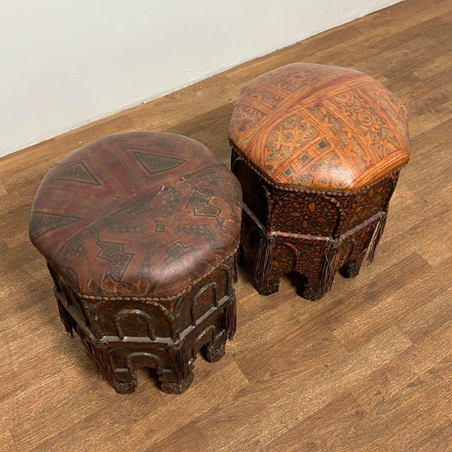 Late 20th C.. Moroccan Stools With Goat Hide Seats - a Pair | Chairish