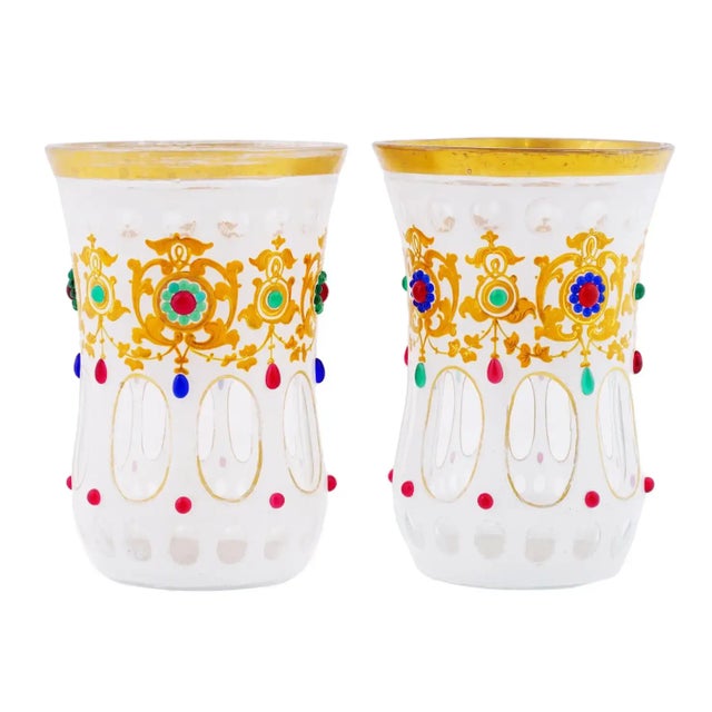 Antique Bohemian Gilt Jeweled Frosted Glass Cups- Set of 2 | Chairish
