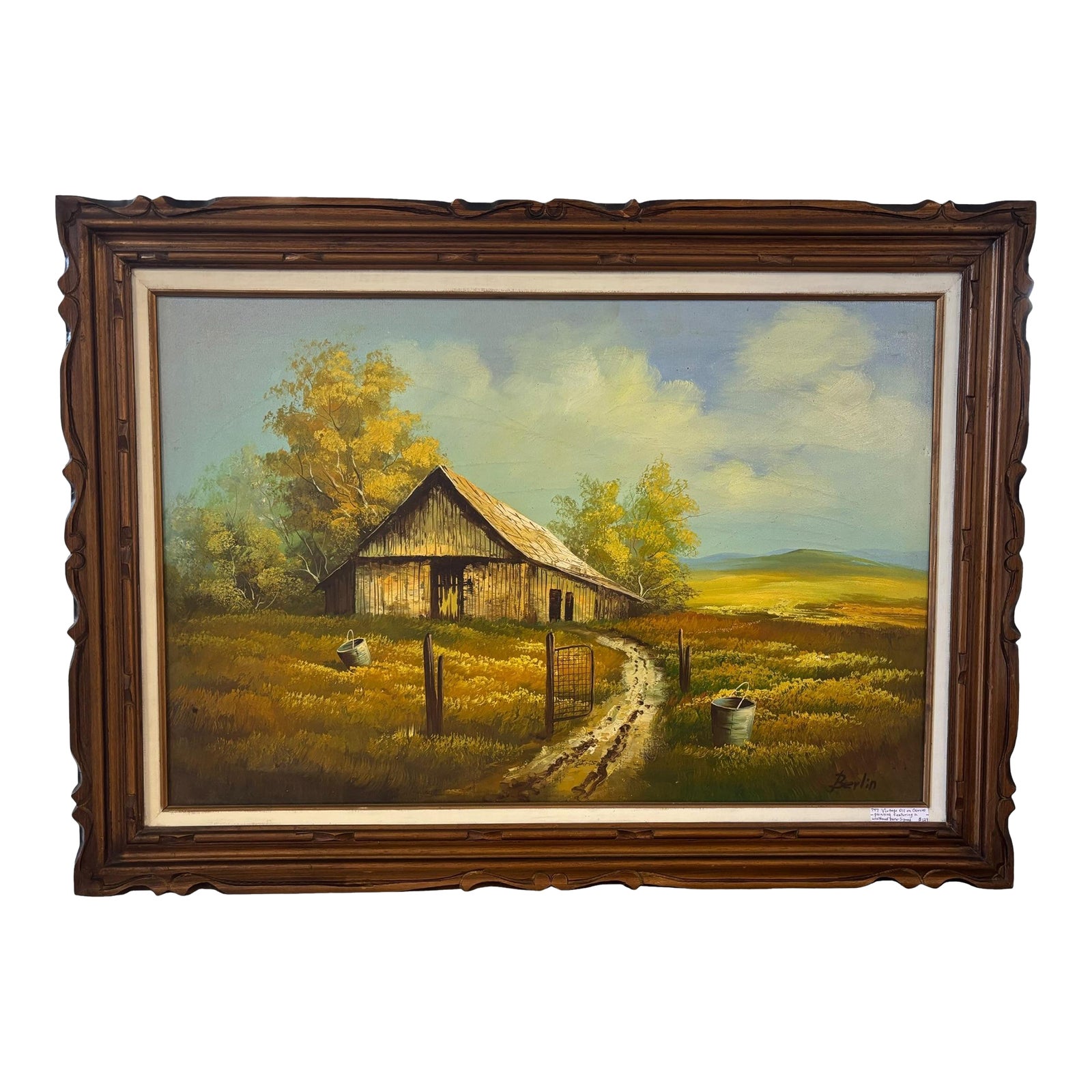 Signed Berlin Vintage Rustic Barn Landscape Oil Painting in Carved Wood ...