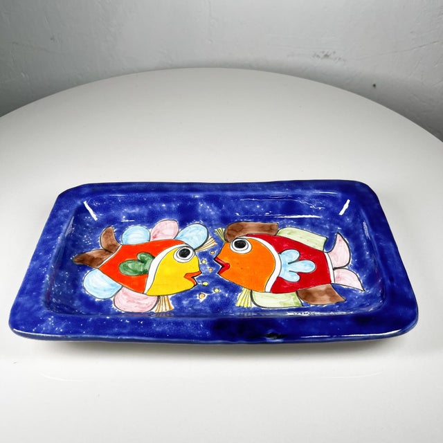 1990s Hand Painted Art Plate Blue Fish Nino Parrucca Ceramiche Palermo ...