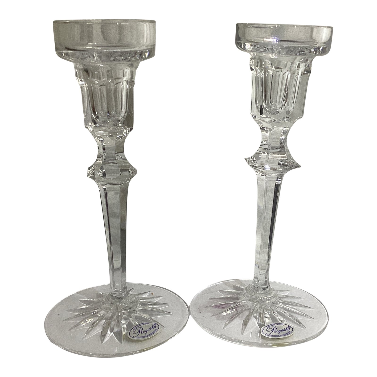 Pair of 1980s Rogaska Crystal Candlesticks, Signed | Chairish