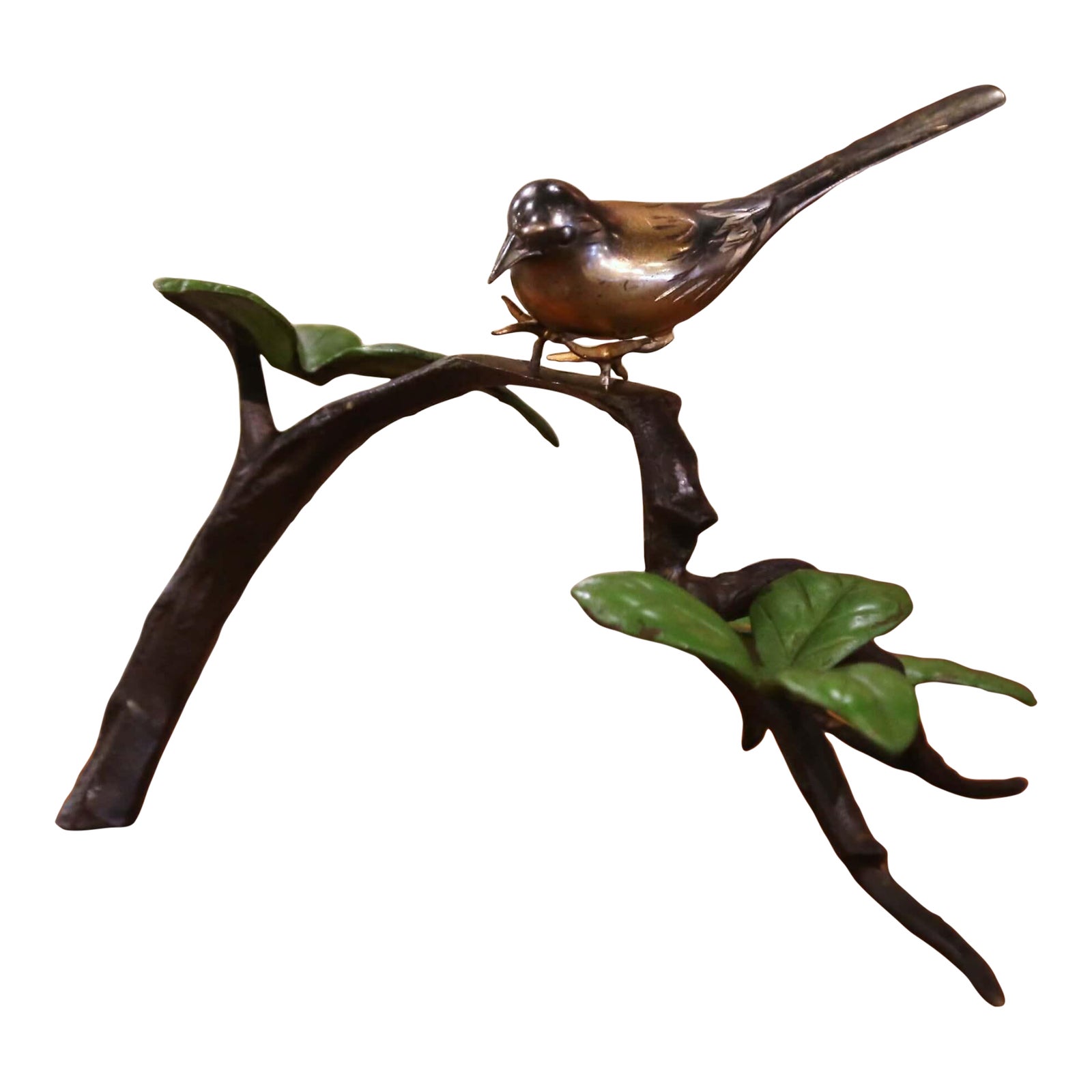 Mid-Century Patinated Bronze Bird Resting on Branch With Foliage ...