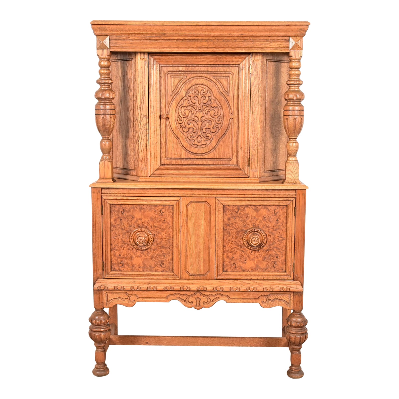Antique English Jacobean Carved Oak and Burl Wood Bar Cabinet, Circa ...